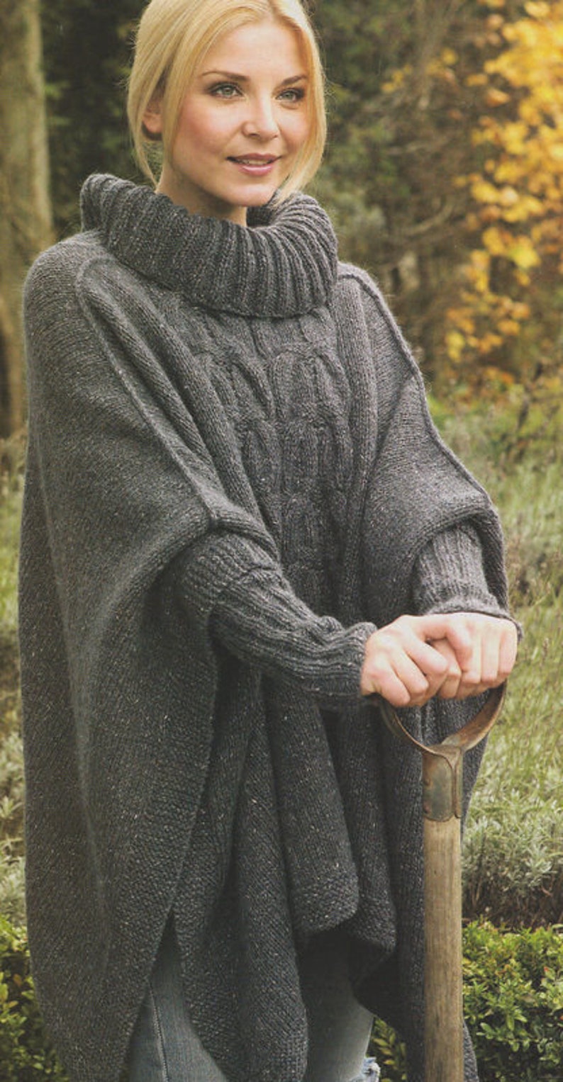 Womans Aran Cable Poncho Roll Neck & Inset Cuffs - One Size - Knitting ...