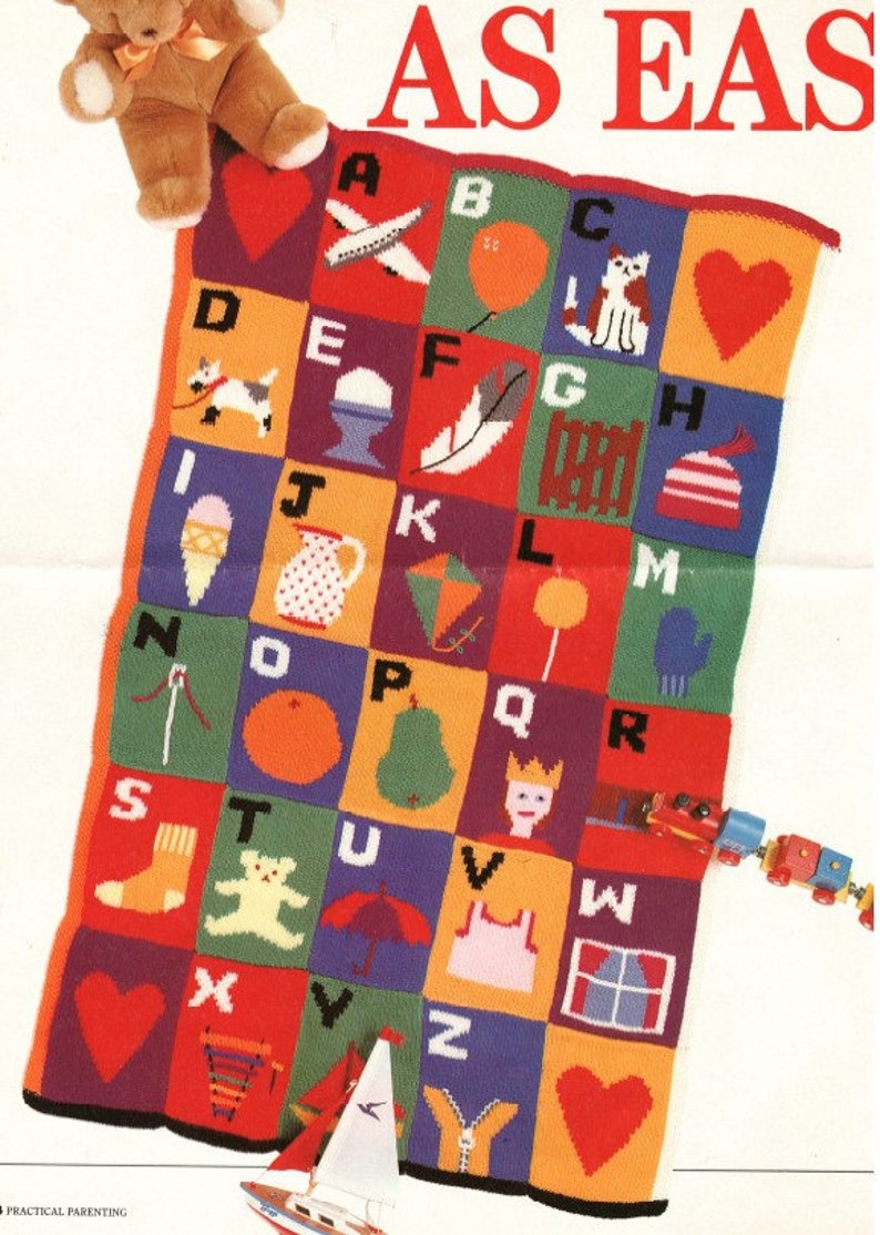Baby Blanket ABC Alphabet Motif Squares Intarsia 50" X 32" DK Knitting ...