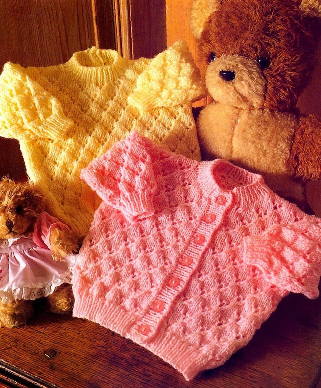 Eyelet Baby Round Neck Cardigan & Sweater 16" -22" DK Knitting Pattern ...