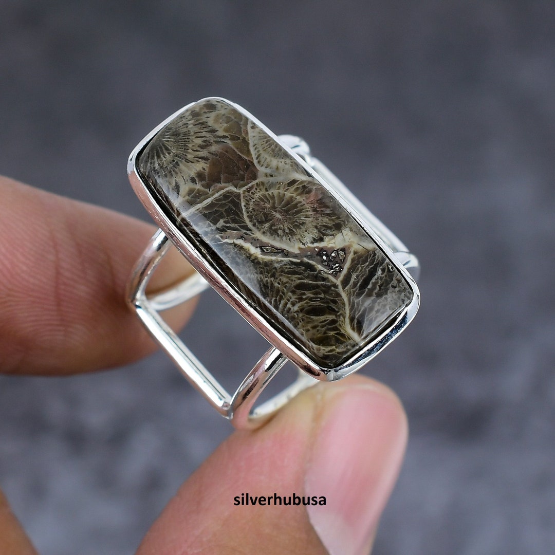 Fossil Coral Sterling Silver Ring: Handcrafted Gemstone Statement ...