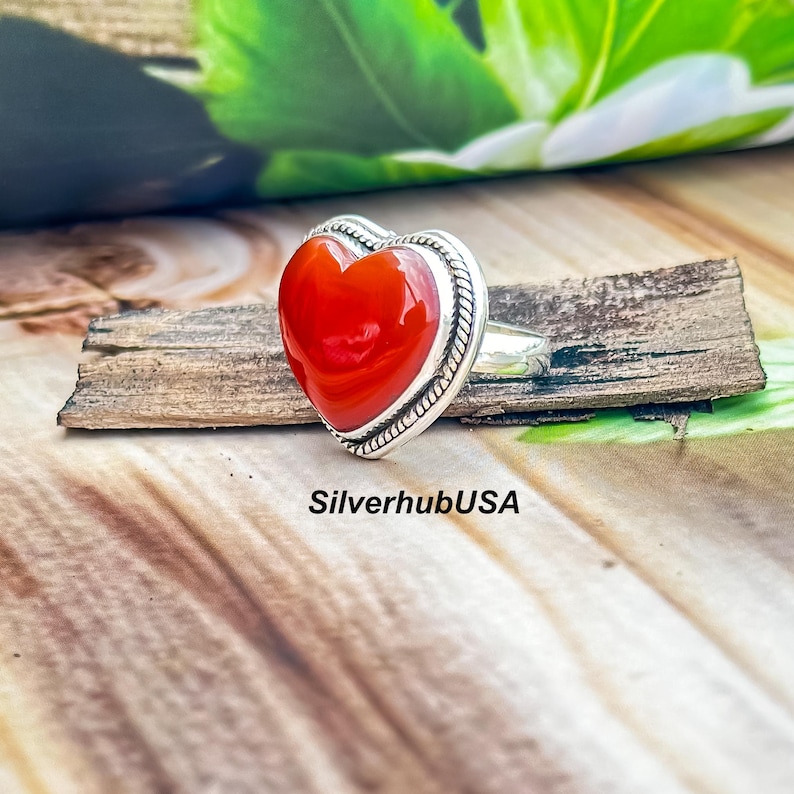 Handmade Carnelian Gemstone Heart Ring: 925 Sterling Silver Boho ...