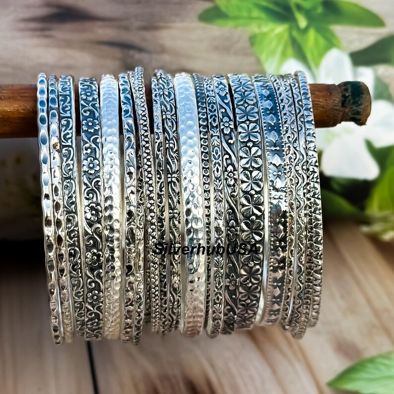 Handmade Sterling Silver Floral Bangle: Hammered Design - Etsy