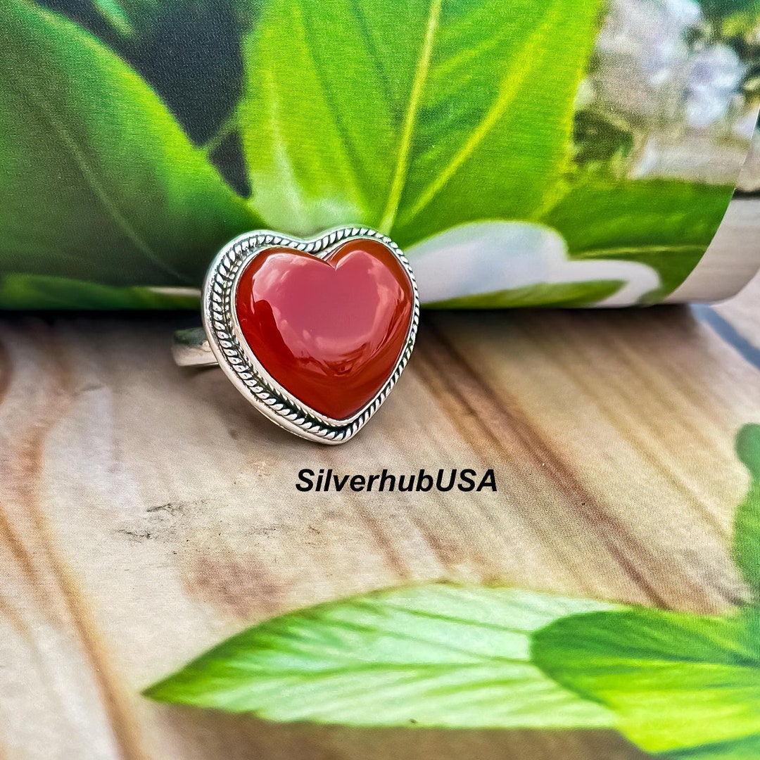 Handmade Carnelian Gemstone Heart Ring: 925 Sterling Silver Boho ...