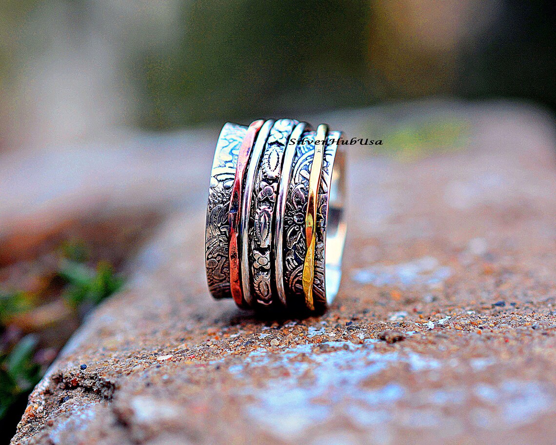 Solid 925 Sterling Silver Spinner Ring Hammered Ring - Etsy