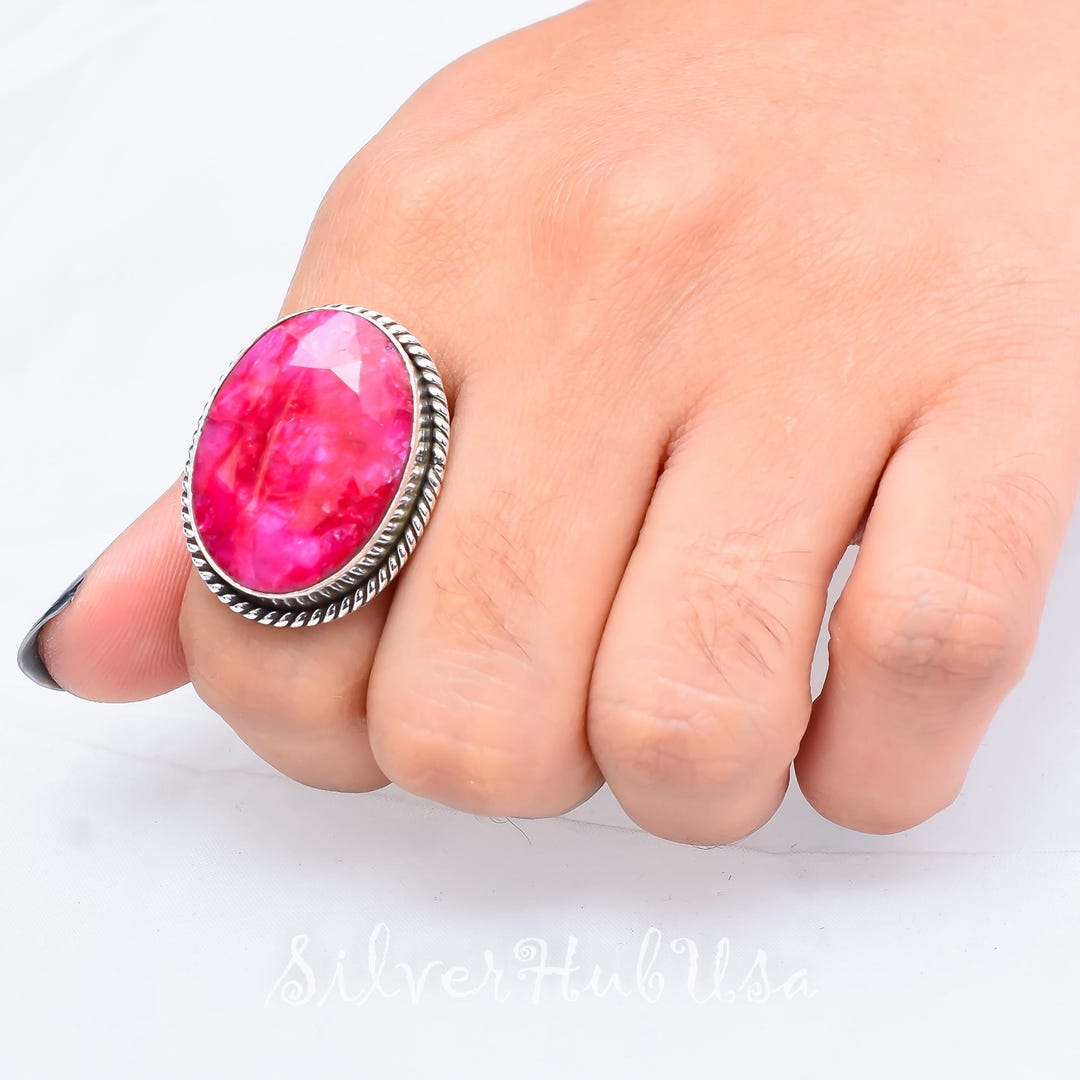 Kashmiri Ruby Ring Natural Gemstone Jewelry Handmade Red Stone Ring Adjustable Ring for Women ...