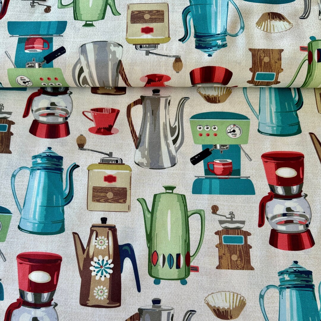 Miller Patchwork Fabric COFFEE CULTURE Retro Coffee Pots, Coffee Fabric ...
