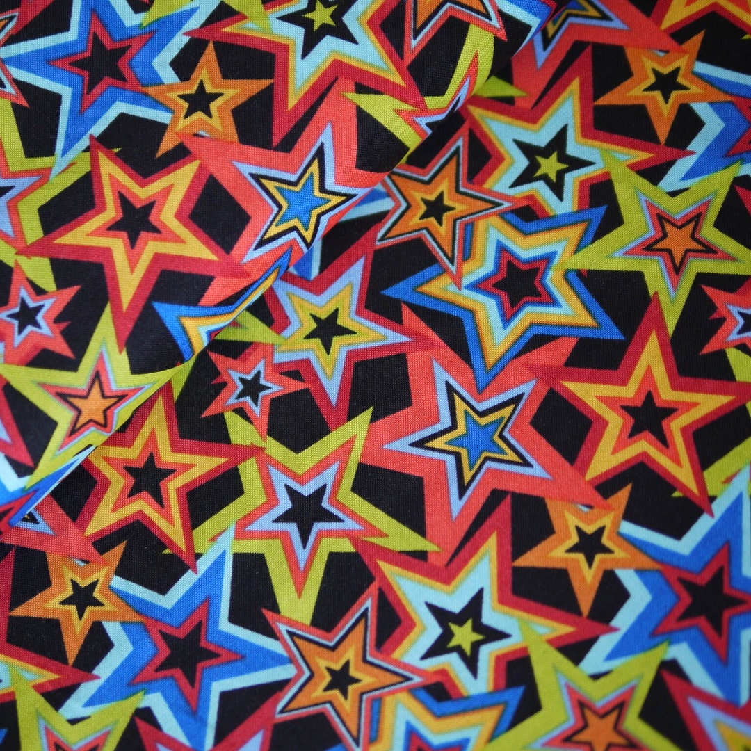 Makower Patchwork Fabric MONSTER MASH Colorful Stars on Black, Children ...