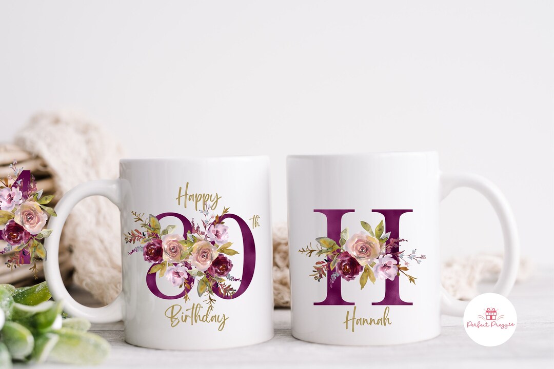 80th Birthday Mug, Personalised Family Name Initial Ceramic Coffee Cup ...