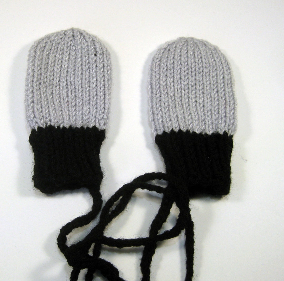 Hand Knit Baby Mittens: Black & Gray Acrylic, No Thumb - Etsy