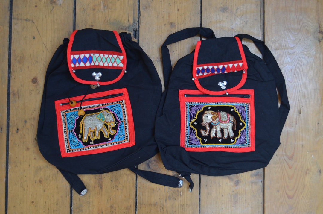 Tribal Ethinic Velvet Sequin Elephant Small Rucksack Backpack Bag Hippy ...