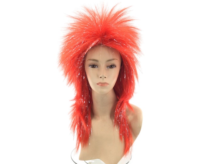 1980's PUNK ROCKER Theatrical Costume Wig Punkytl Red W/ Silver Tinsel ...