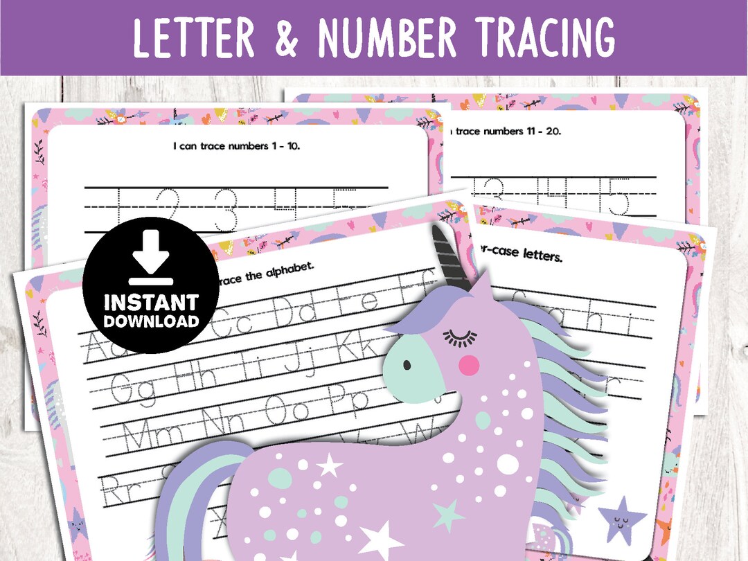 Alphabet and Numbers Tracing Printable Unicorn Themed, Preschool ...