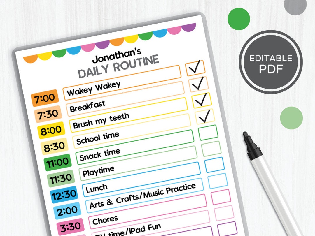 Printable Kids Daily Planner Editable Children's Daily Routine Chart ...