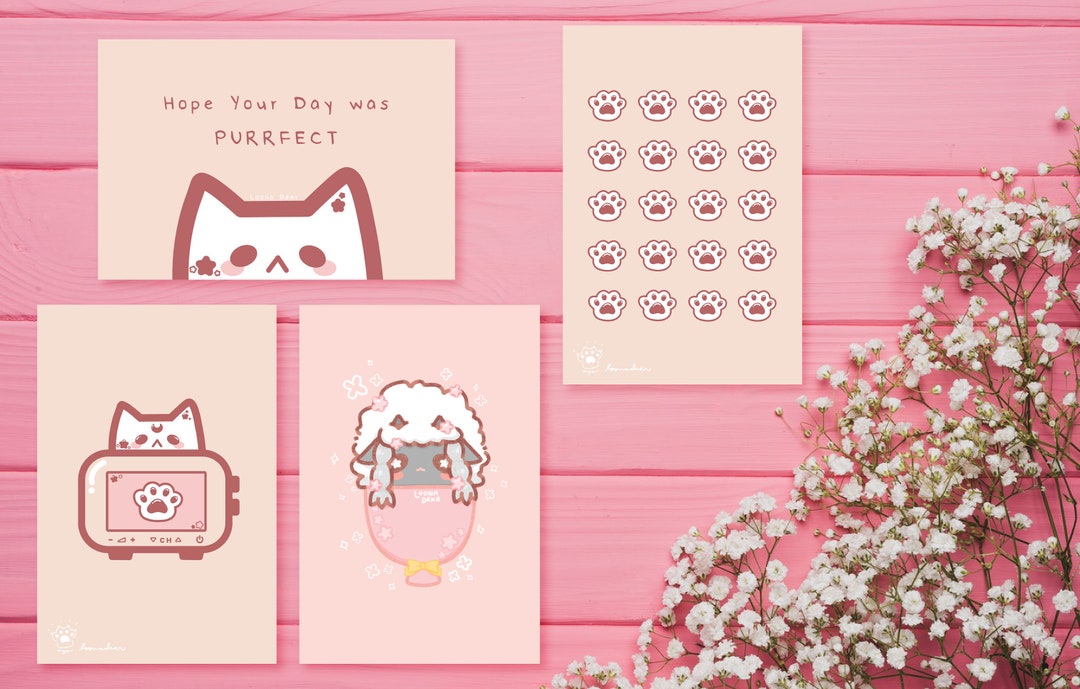 Kawaii Mini Prints - Cat Print - Cute Postcards - Kawaii Art - Kawaii ...