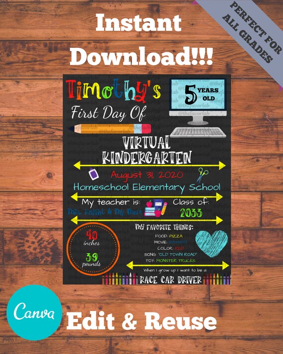 Virtual First Day of School Sign Home School Back to School | Etsy