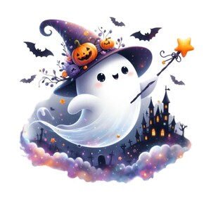 Halloween Ghost Clipart PNG, 12 Witch Hat Ghost With Haunted House and ...