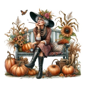 Autumn Lady With Pumpkins and Sunflowers Clipart 10 Digital PNG for ...