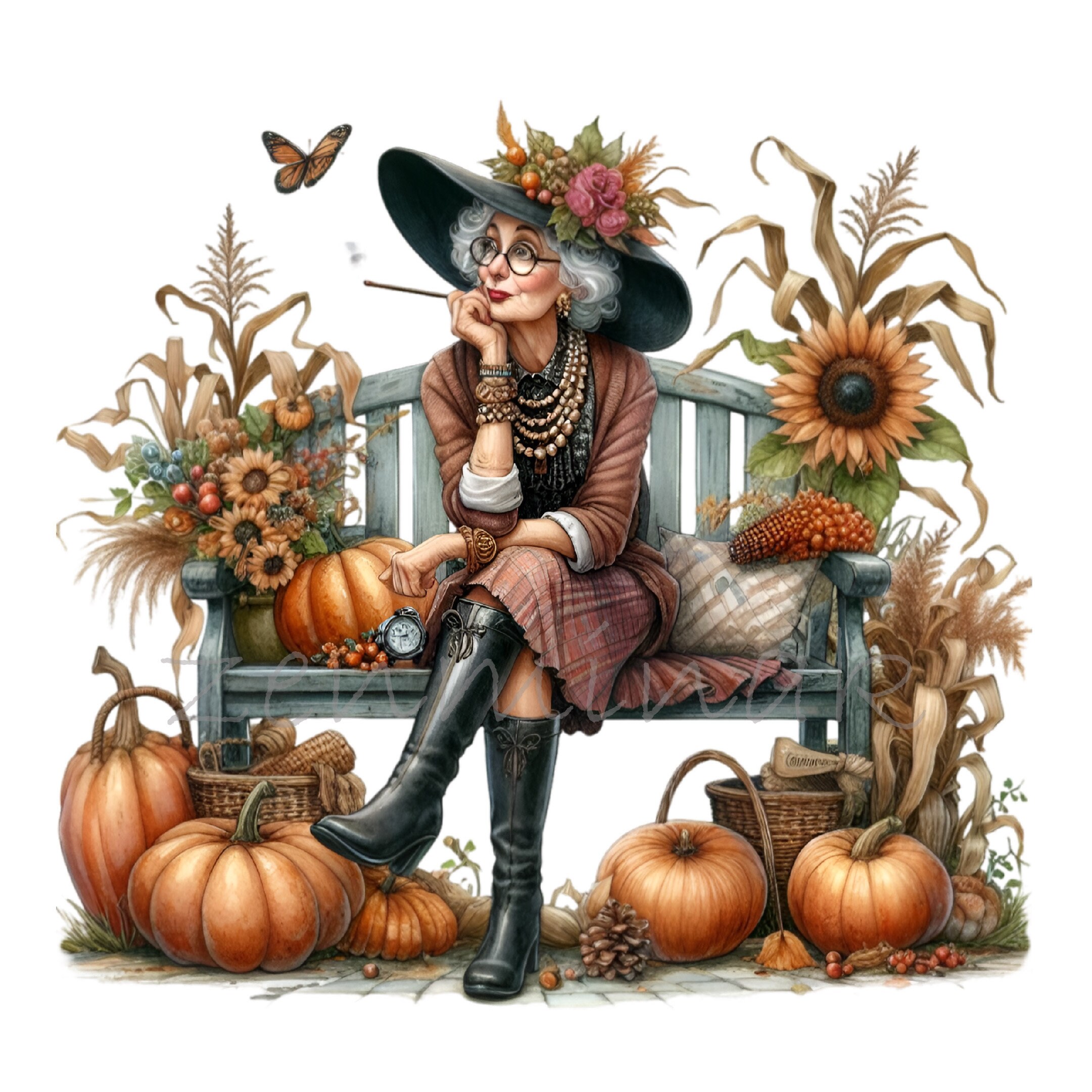 10 PNG Autumn Woman Fall Sublimation, Grandma Pumpkin Bench Clipart ...