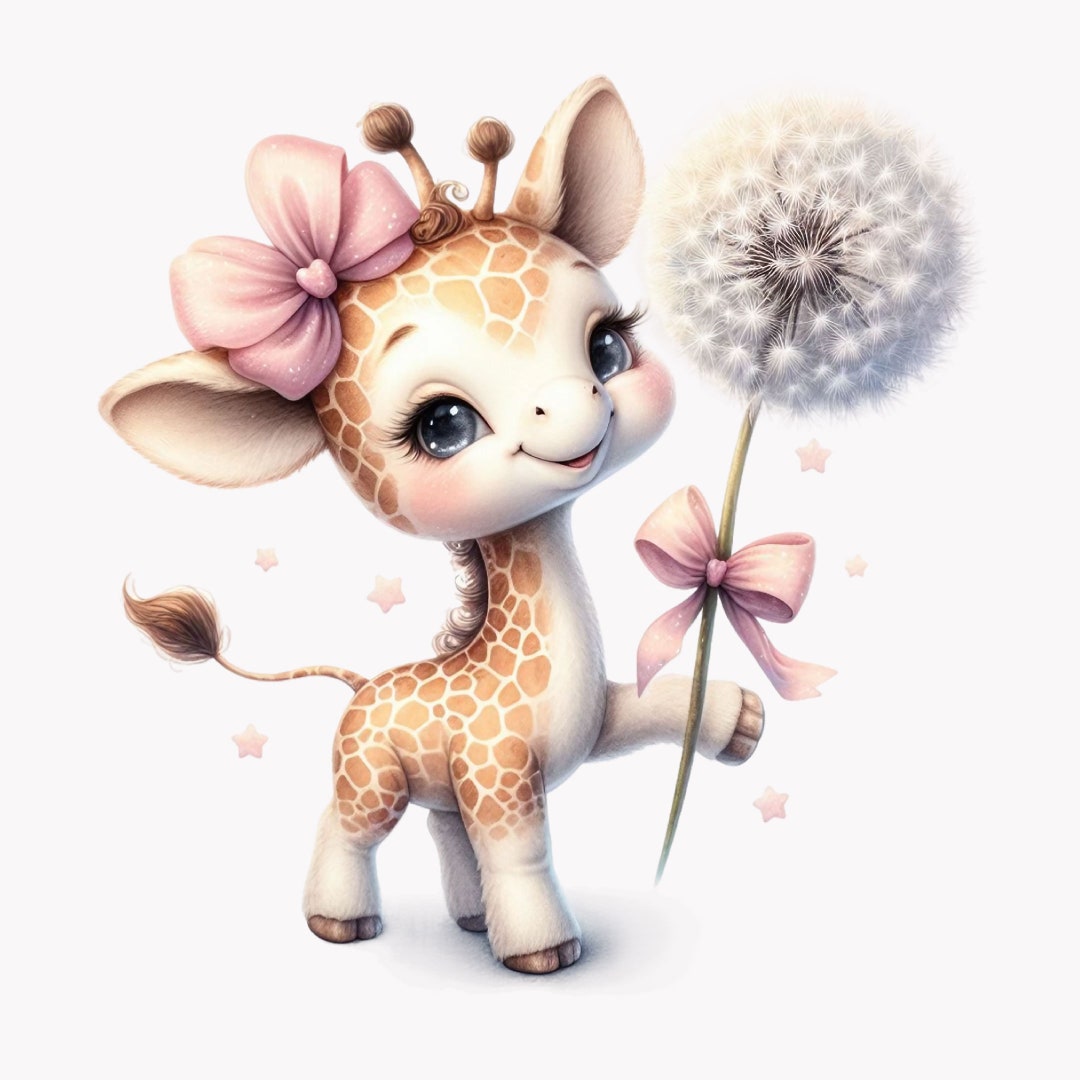 10 Cute Baby Giraffe Clip Art | Giraffe With Dandelion PNG | Whimsical ...