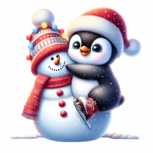 19 PNG Christmas – Cute Penguin Hugging Snowman With Lights and Scarf ...