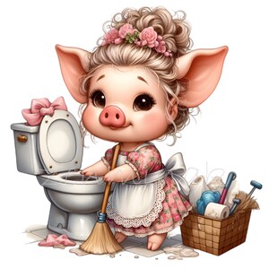 12 Pig Cleaning Bathroom Clip Art, Cute Animal in Floral Dress PNG ...