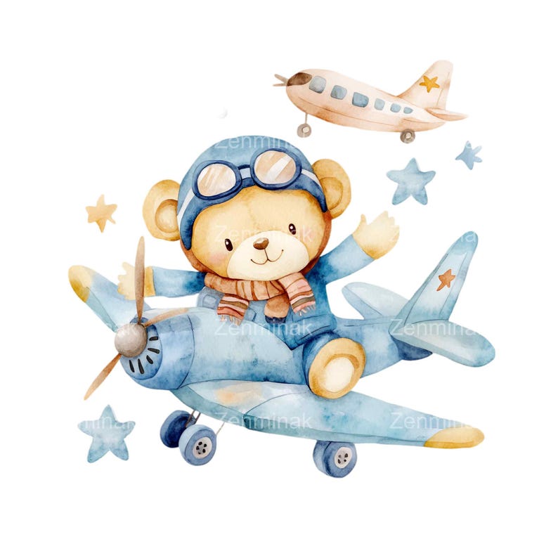 19 Watercolor Bear Pilot PNG in Blue Airplane Clip Art, Cute Aviation ...
