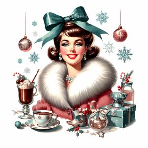 Retro Christmas Lady PNG, 15 Vintage Woman With Large Bow and Hot ...