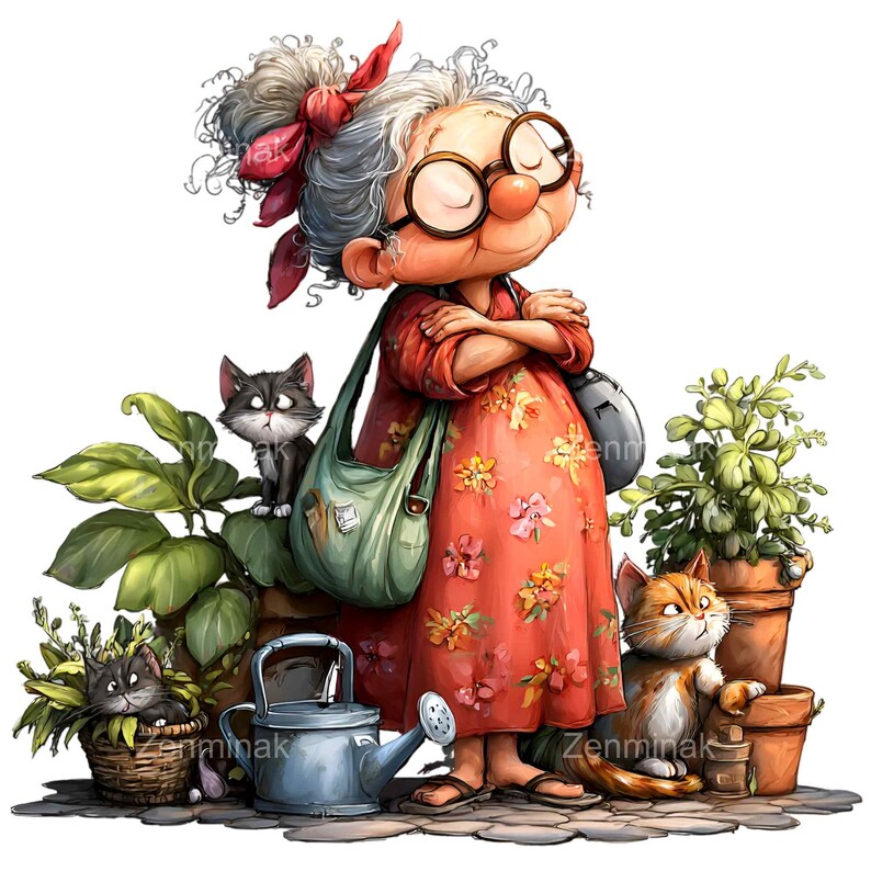 15 PNG Cat Grandma Clipart – Funny Lady With Kittens PNG – Whimsical ...