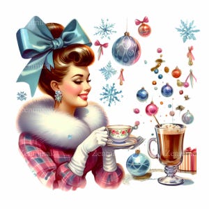 Retro Christmas Lady PNG, 15 Vintage Woman With Large Bow and Hot ...