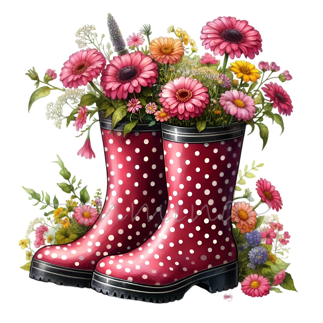 12 PNG Red Polka Dot Rain Boots, Spring Floral Garden Clipart, Flower ...