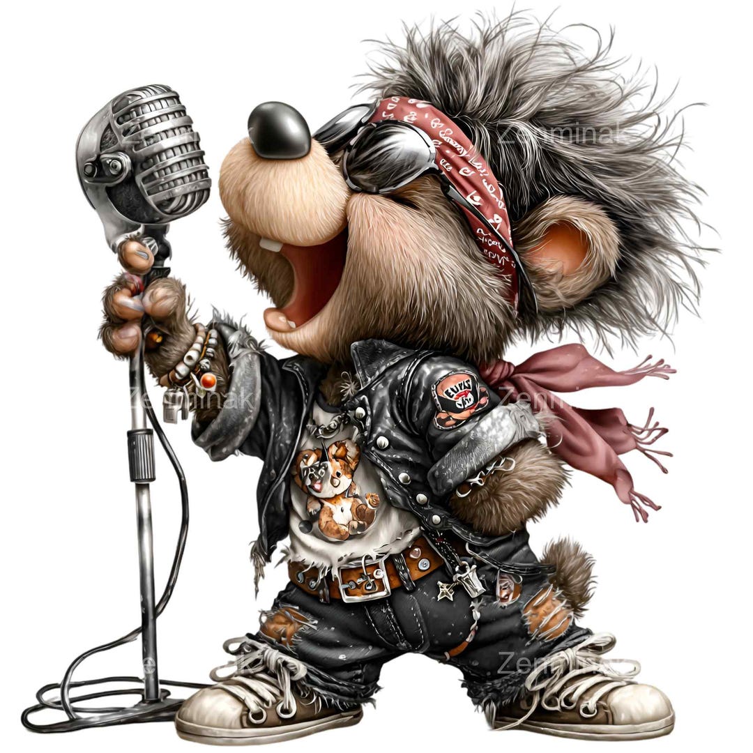 16 PNG Rockstar Bear Clipart – Funny Singing Bear in Leather Jacket ...