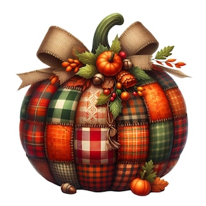 15 Patchwork Pumpkin PNG Clipart With Bow and Autumn Leaves, Rustic ...