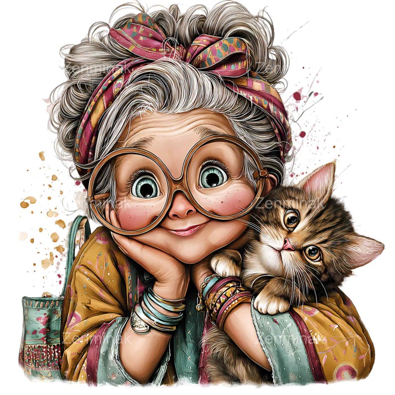 12 PNG Grandma and Cat PNG Clipart – Funny Elderly Lady Digital ...
