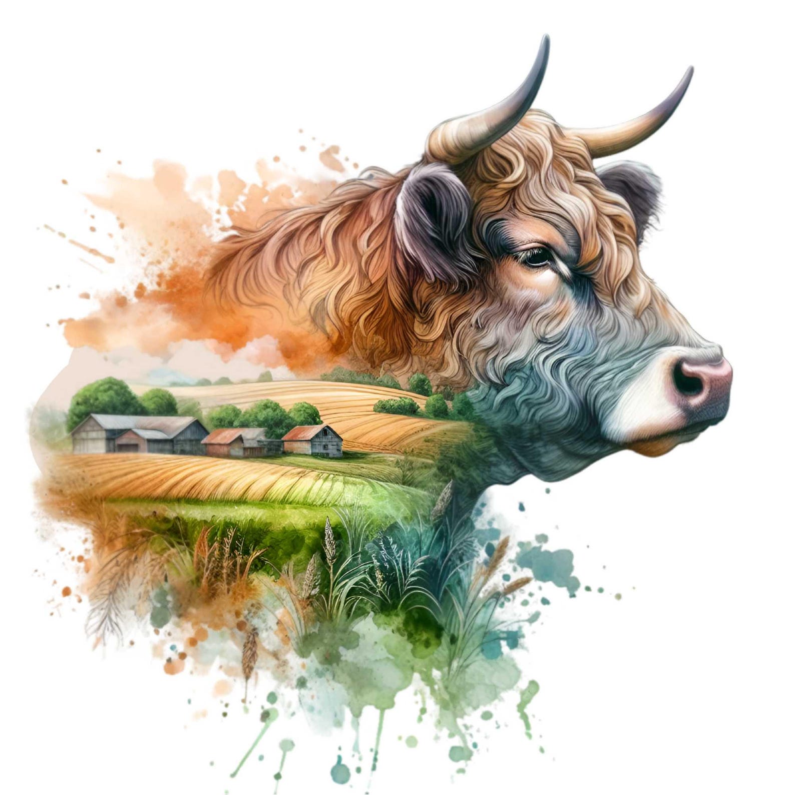 10 PNG Cow Farm Landscape Clipart – Watercolor Double Exposure PNG for ...