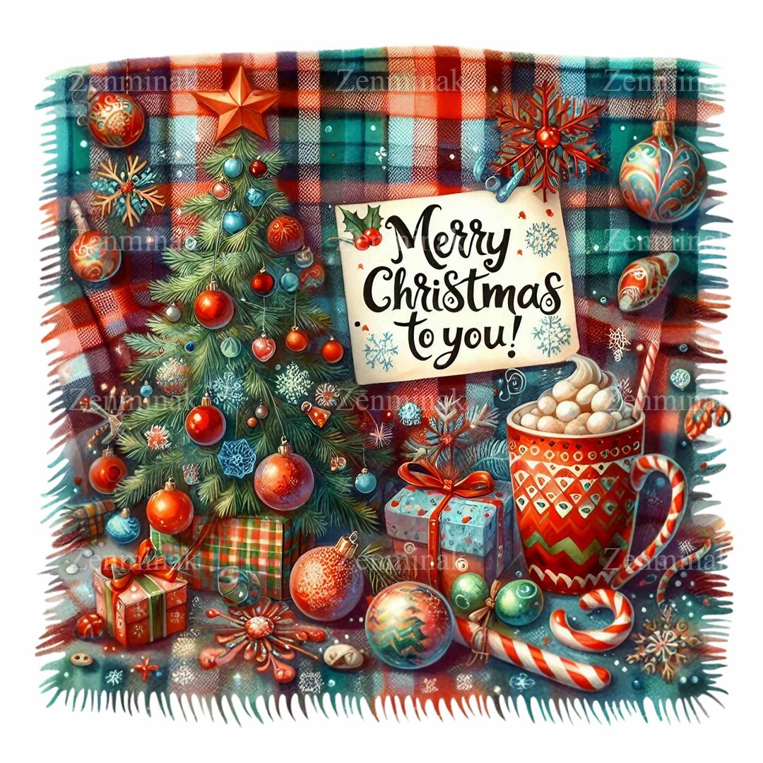 Plaid Christmas Scene PNG, 14 Holiday Tree With Ornaments, Hot ...