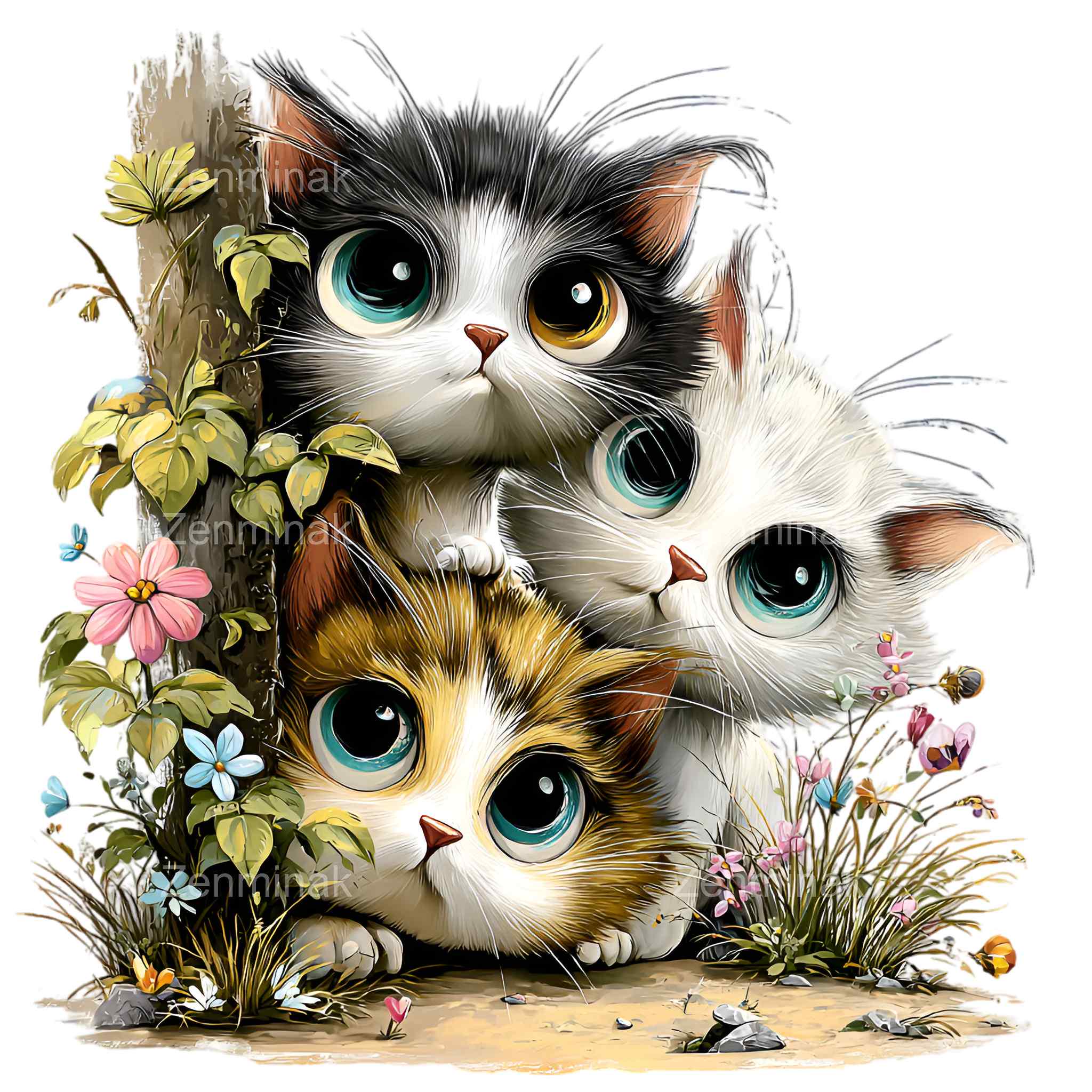 15 PNG Cute Kitten Trio Clipart – Fluffy Spring Cats With Big Eyes and ...