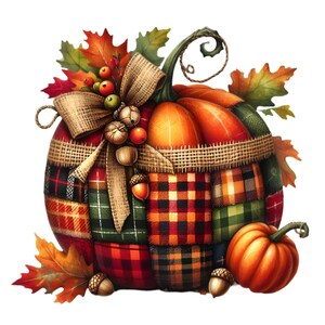 Handcrafted Plaid Patchwork Pumpkin Clipart PNG, 15 Autumn Harvest ...