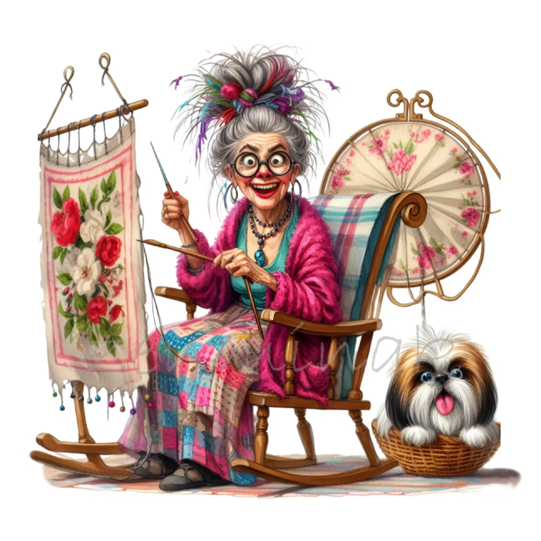 Funny Granny Knitting Clipart PNG 14 Quirky Grandmother With Yarn and ...