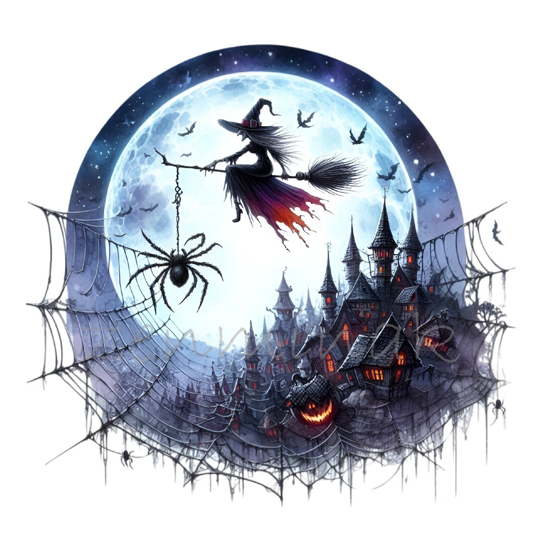 15 Halloween Witch Clipart PNG Flying Broom Moon Spider Web Haunted ...