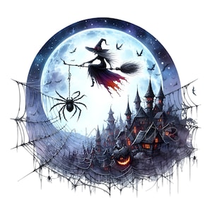 15 Halloween Witch Clipart PNG Flying Broom Moon Spider Web Haunted ...
