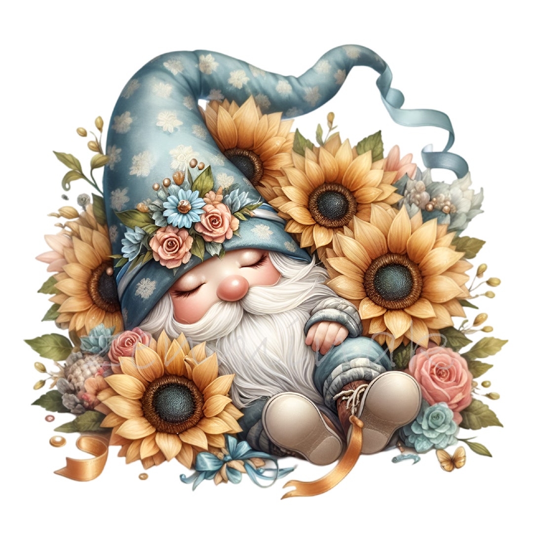 Sunflower Gnome PNG, 10 Watercolor Summer Garden Gnome, Floral Gnome ...