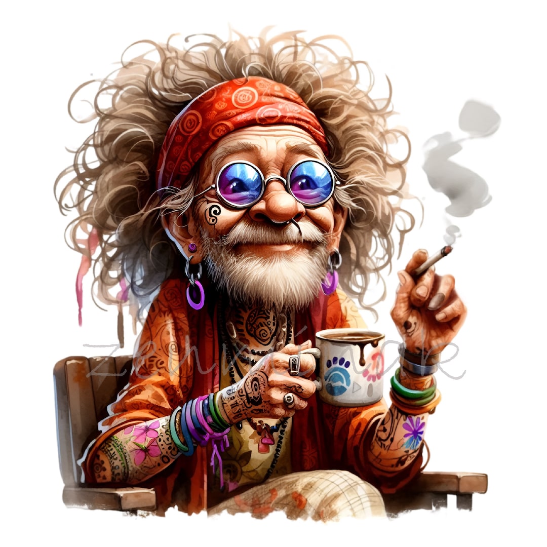 Hippie Grandpa Drinking Coffee Clipart 10 Colorful and Fun Character ...