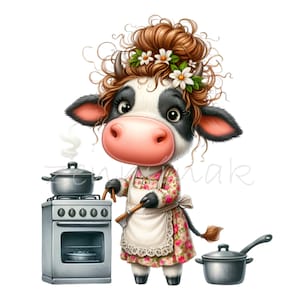Funny Cow Cooking Clip Art, 12 PNG Farm Kitchen Towel Design, Housewife ...