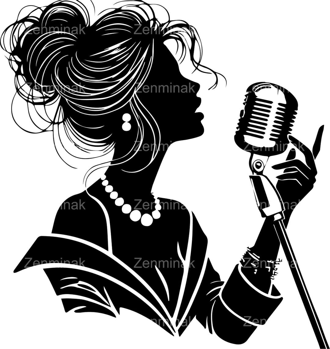5 Singer Woman Silhouette SVG Cut File, Retro Microphone Lady Clipart ...