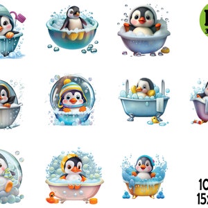 Cute Penguin Clipart Illustration PNG, Penguin Wash Bubble Bath ...