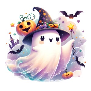 Cute Halloween Ghost Clipart PNG, 12 Magical Ghost With Witch Hat and ...
