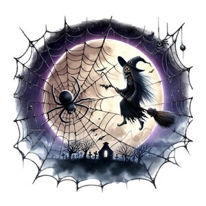 15 Halloween Witch Clipart PNG Flying Broom Moon Spider Web Haunted ...