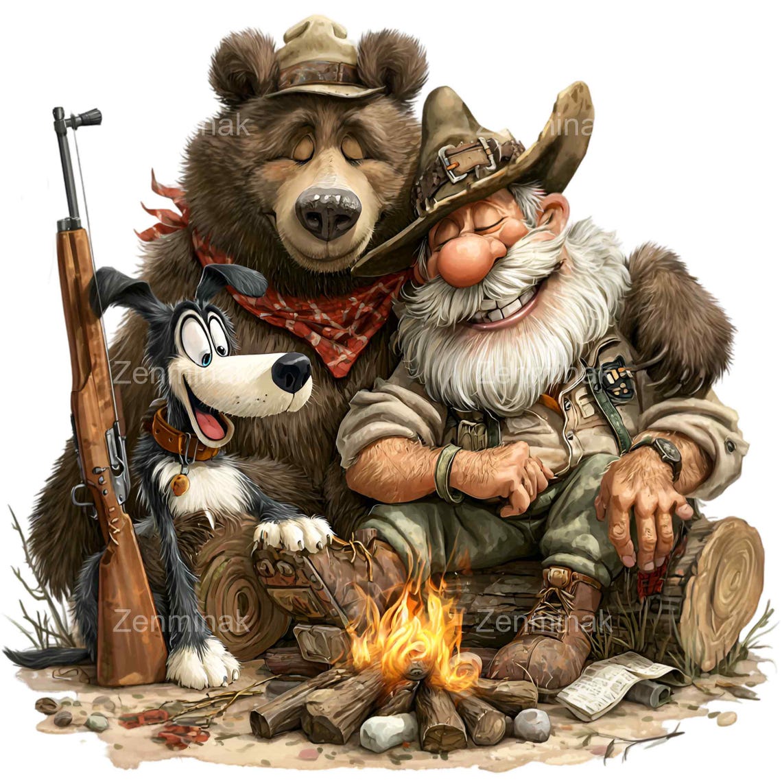 10 PNG Funny Hunter Clipart – PNG Old Man With Bear and Dog by Campfire ...