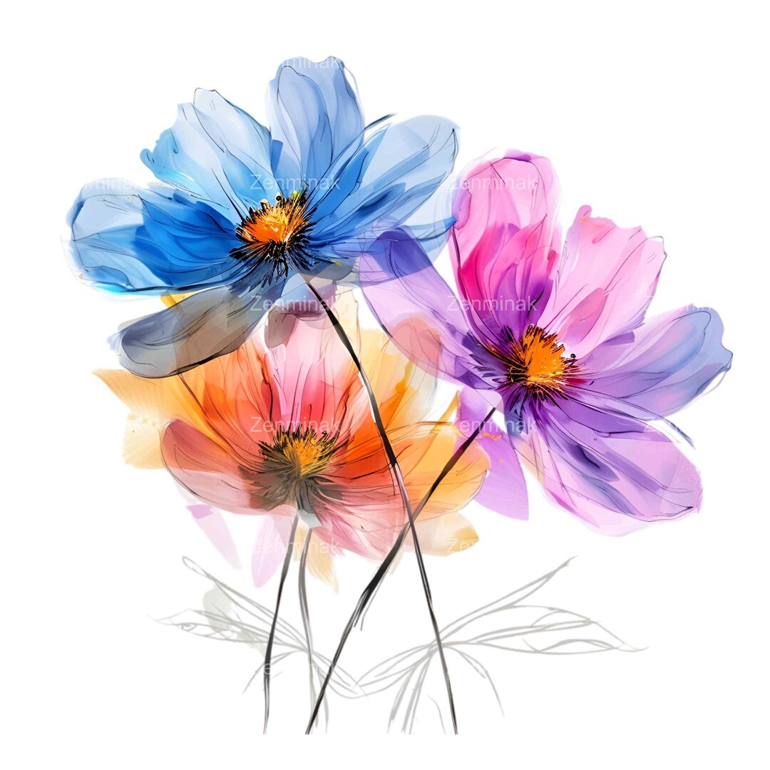 17 Watercolor Flower PNG Clipart – Translucent Petals in Blue, Pink ...