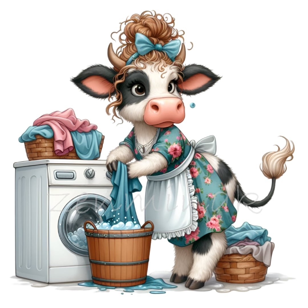 12 Laundry Cow Clip Art, Cute Farmhouse Cow Washing Clothes, Digital ...